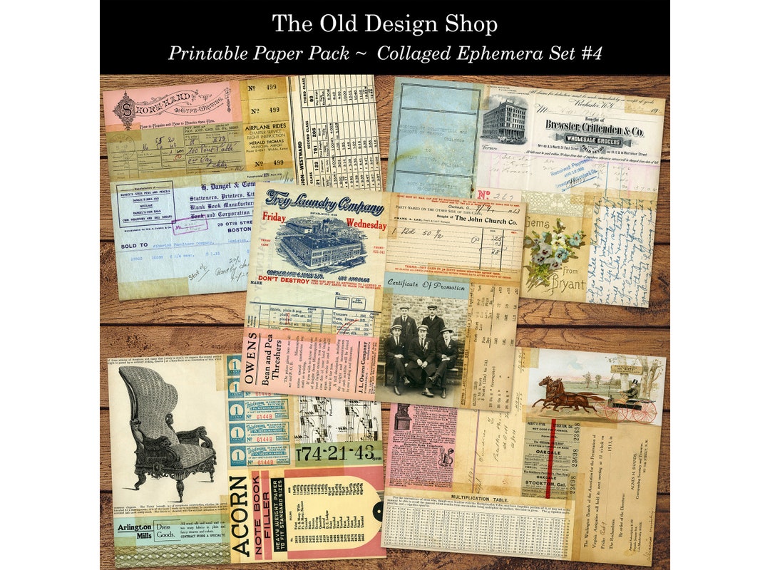 Collaged Ephemera Background Paper Pack Set 4 Vintage Inspired 8.5 X 11 ...