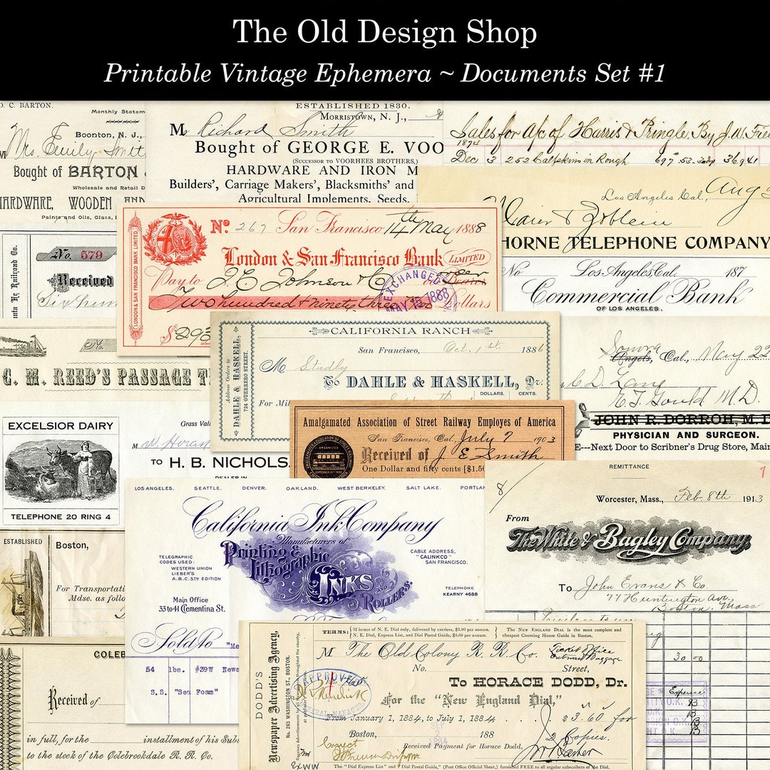 Vintage Documents Set 1 Printable Ephemera Invoices Receipts Tickets ...