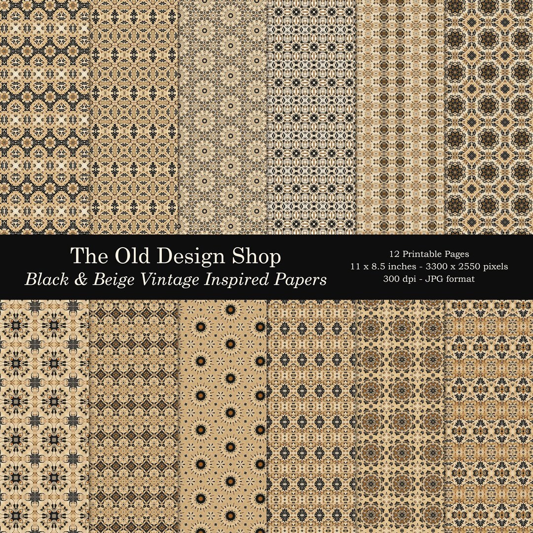 Black and Beige Vintage Inspired Pattern Paper Pack Printable Junk ...
