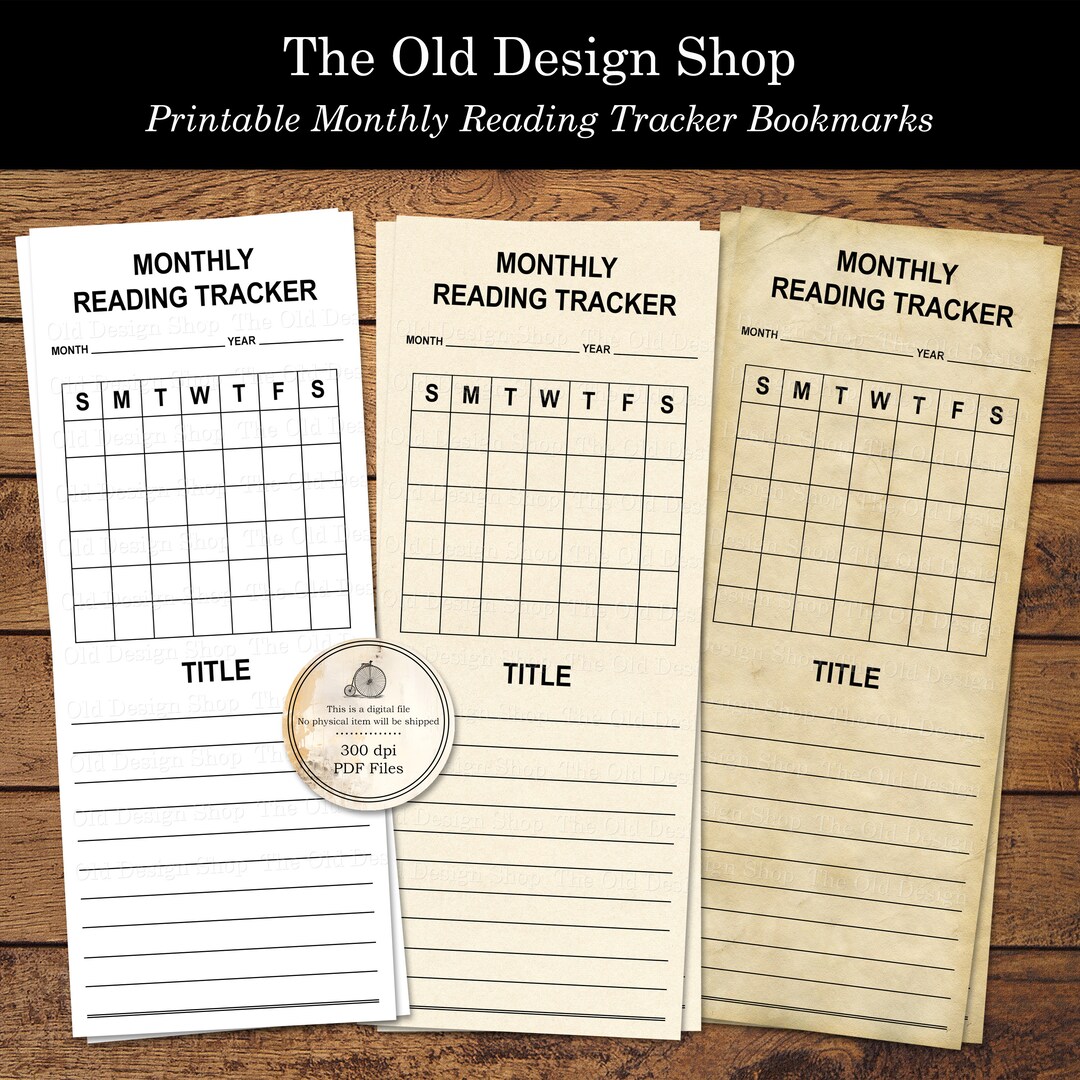 Printable Monthly Reading Tracker Bookmarks Aged Shabby Digital ...
