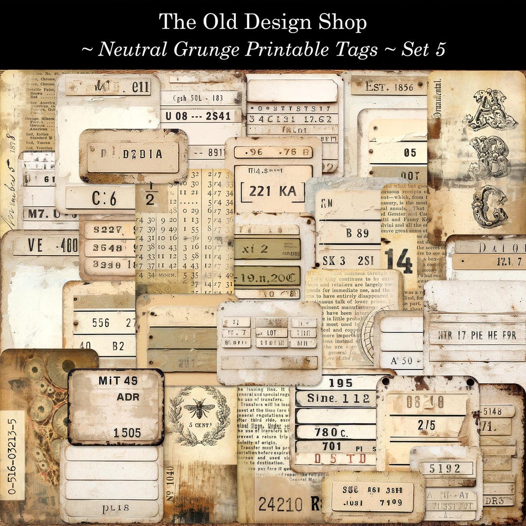 Neutral Grunge Tag Set 5 Shabby Grunge Tags Printable Ephemera Tags ...