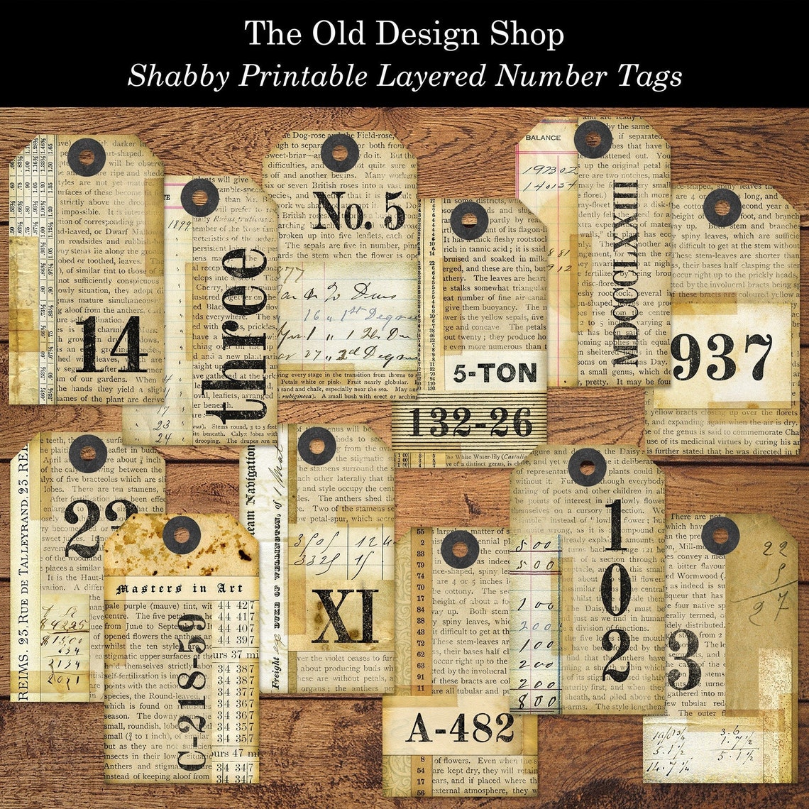 Number Tags Taped Collaged Printable Shabby Vintage Style Digital ...