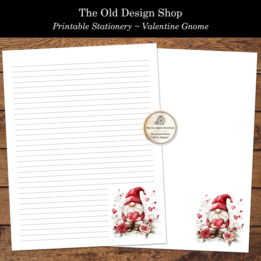 Valentine Gnome Printable Letter Writing Stationery Red Heart Gnome ...