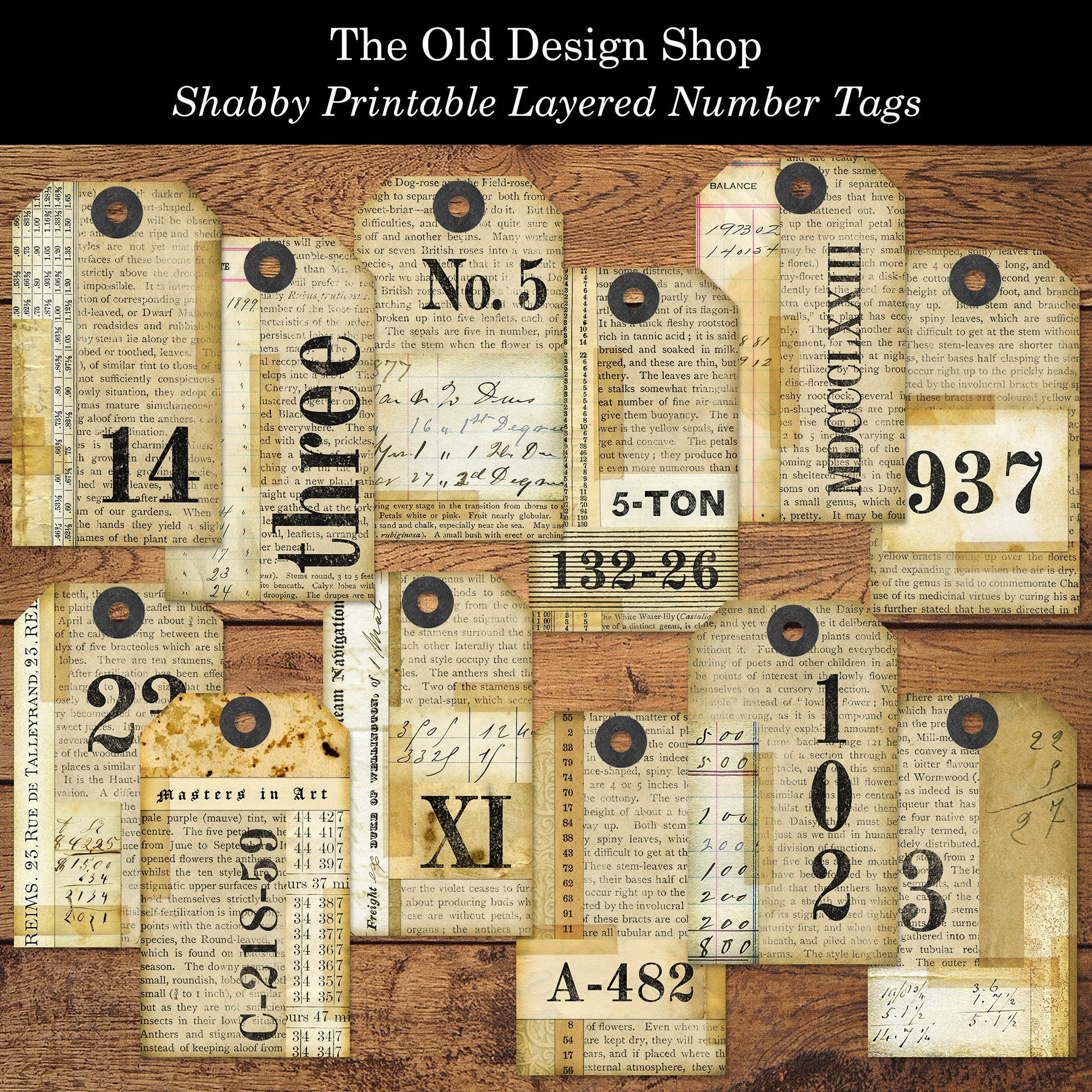 Number Tags Taped Collaged Printable Shabby Vintage Style - Etsy