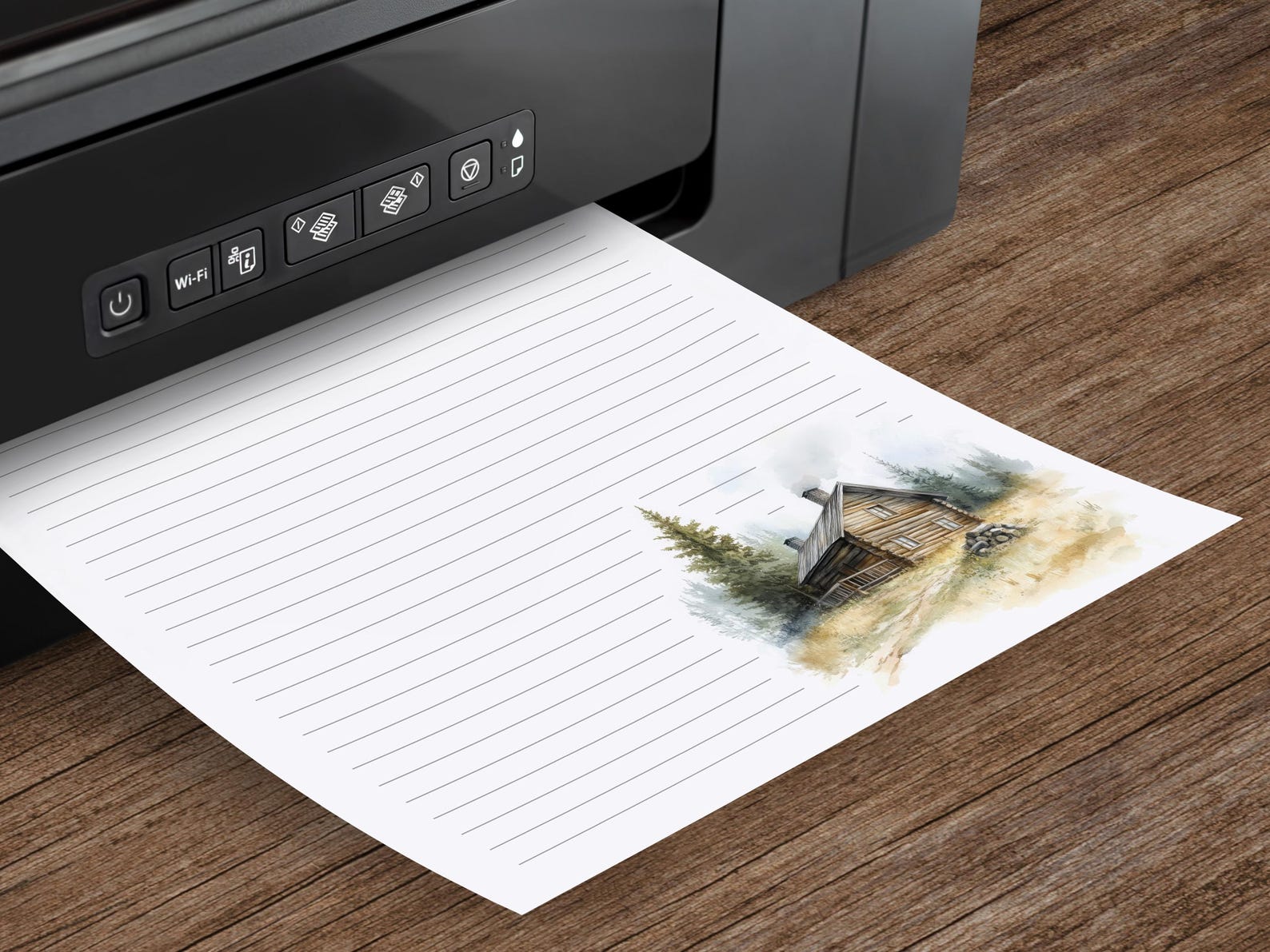 Log Cabin in the Woods Printable Letter Writing Stationery Watercolor ...