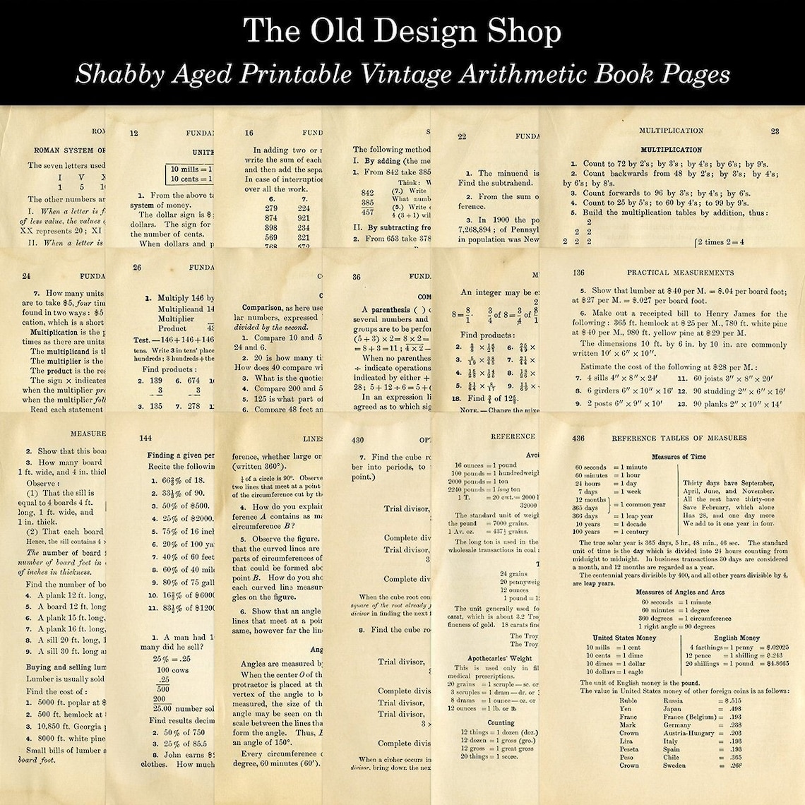 Arithmetic School Printable Vintage Shabby Aged Worn Book Pages Digital ...