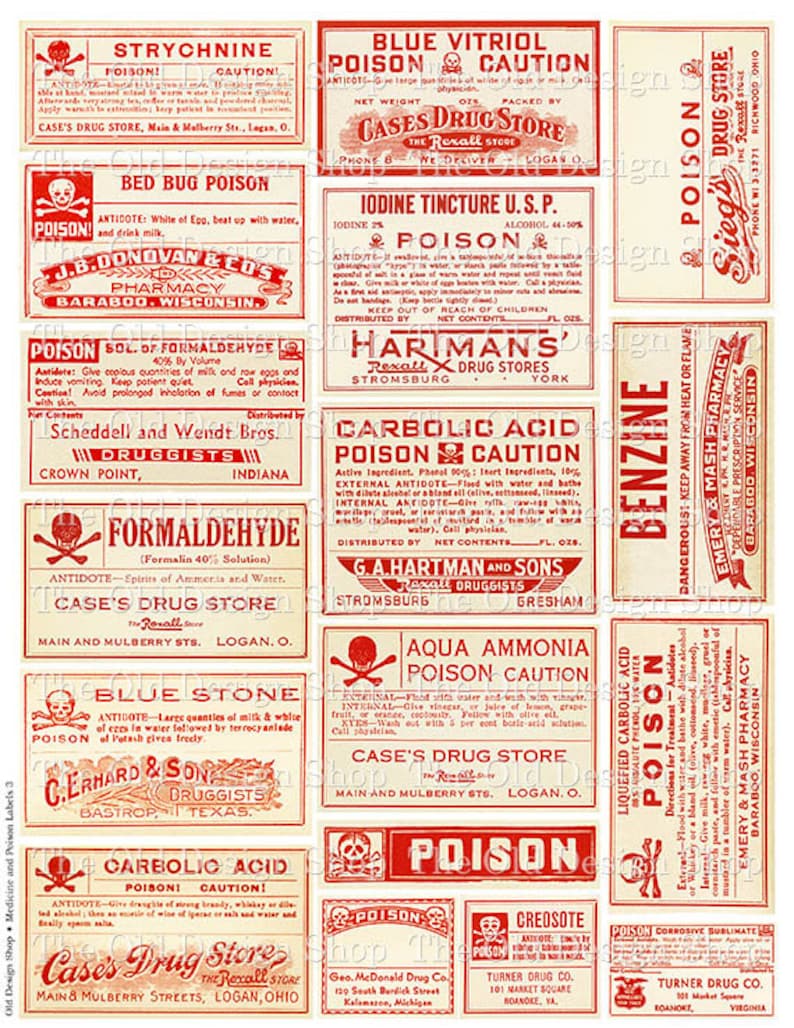Vintage Medical Pharmacy Poison Labels Set 3 Commercial Use Printable ...
