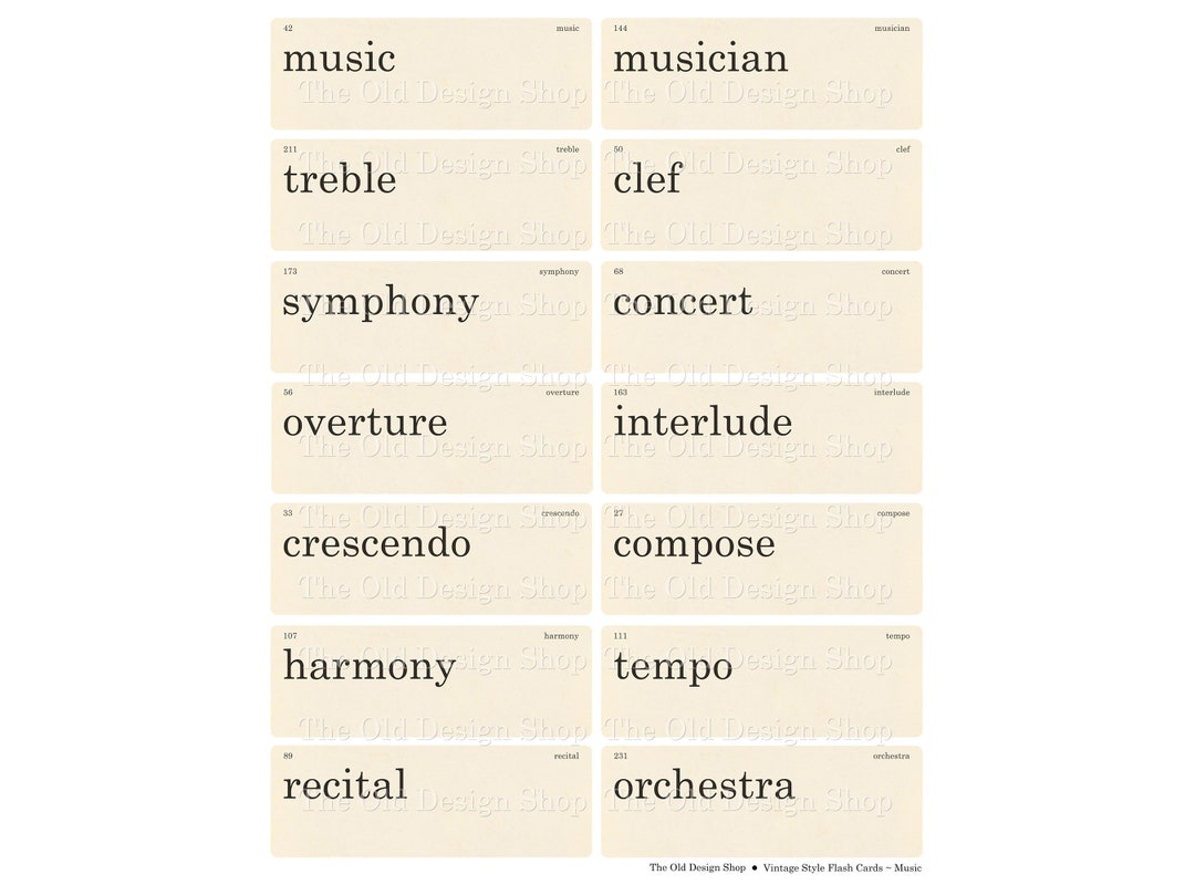 Printable Music Flashcards Music Words Vintage Retro Style - Etsy