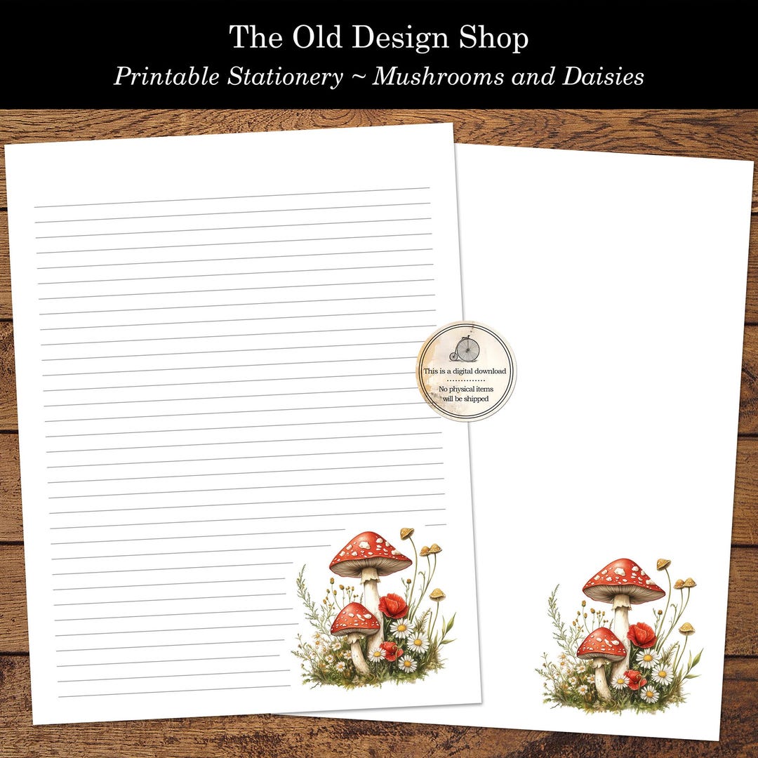 Mushrooms and Daisies Printable Letter Writing Stationery Botanical ...