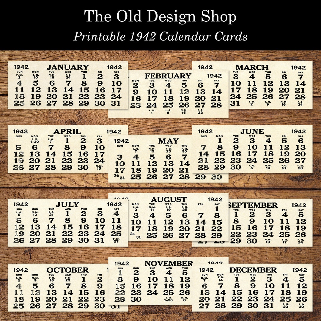 Calendar Cards 1942 Printable Vintage Ephemera Collage Sheet Digital ...