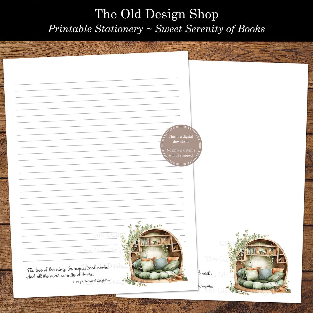 Printable Book Letter Writing Stationery the Serenity of Books ...