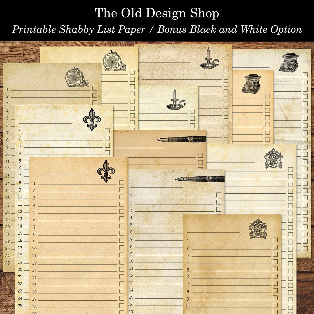 Printable Shabby List Papers PLUS Black and White Ink Saving Option to ...
