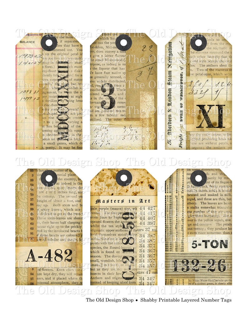 Number Tags Taped Collaged Printable Shabby Vintage Style Digital ...