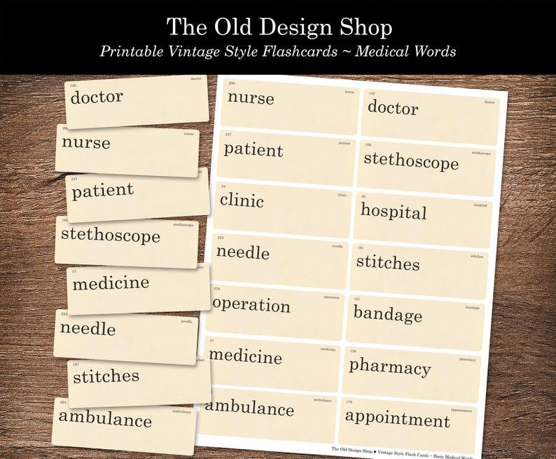 Medical Words Flashcards Printable Junk Journal Neutral Ephemera ...