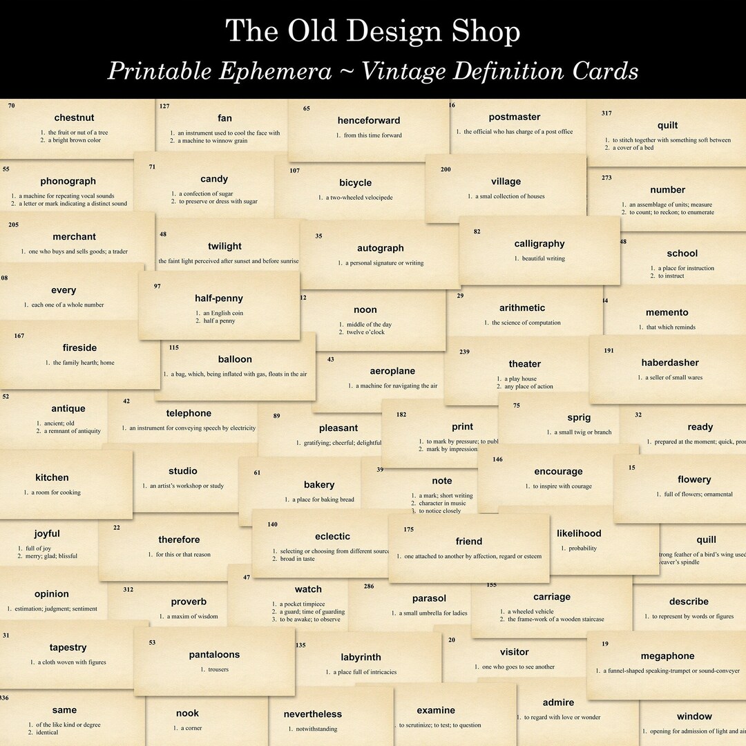 Dictionary Definition Cards Printable Aged Vintage Ephemera Digital ...