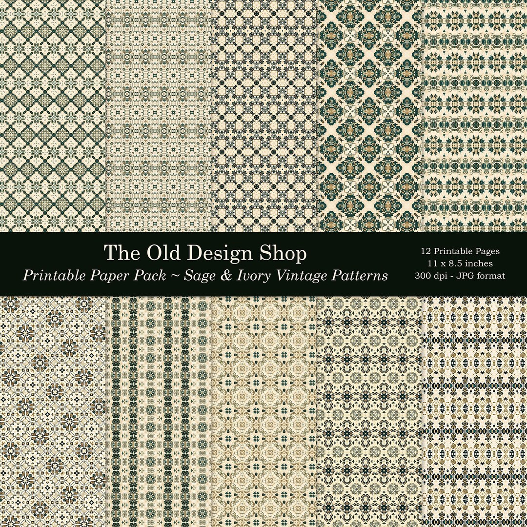 Muted Sage and Ivory Digital Paper Printable Elegant Vintage Ornate ...