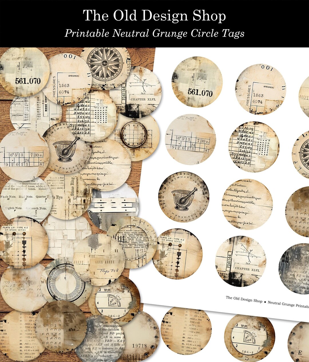 Neutral Grunge Circle Tag Set Round Tags Printable Ephemera Tags Junk ...