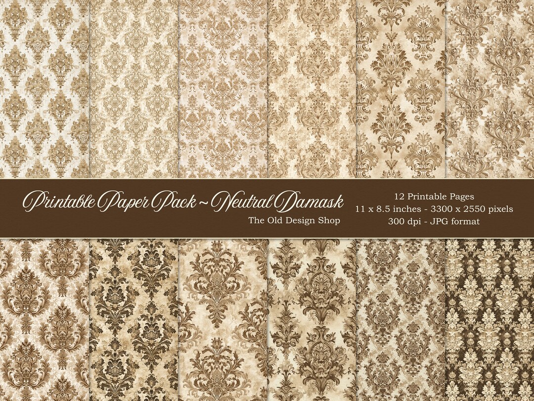 Neutral Damask Printable Junk Journal Paper Pack Ornamental Papers for ...