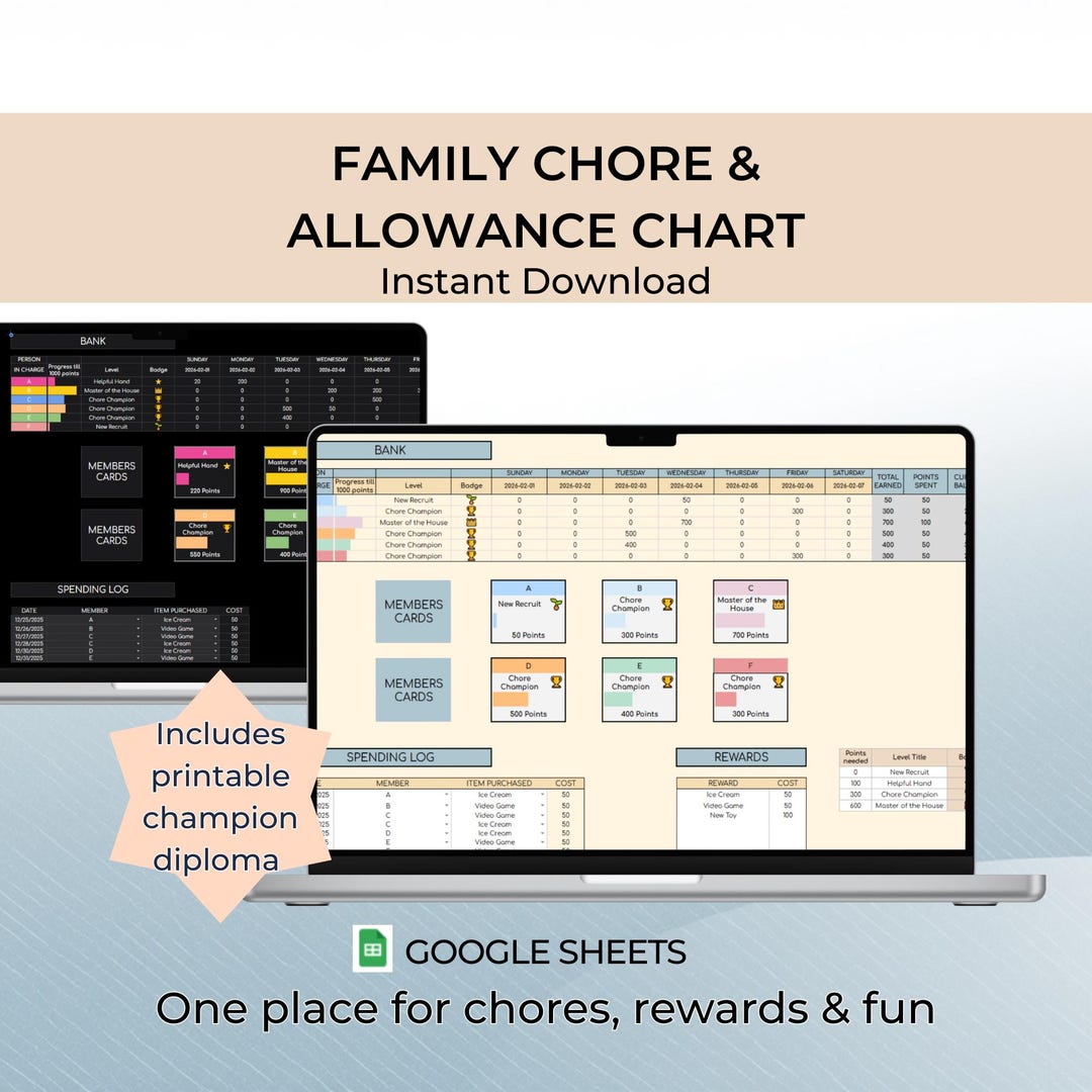 Family Chore Chart Reward System Google Sheets Tracker Home Management ...