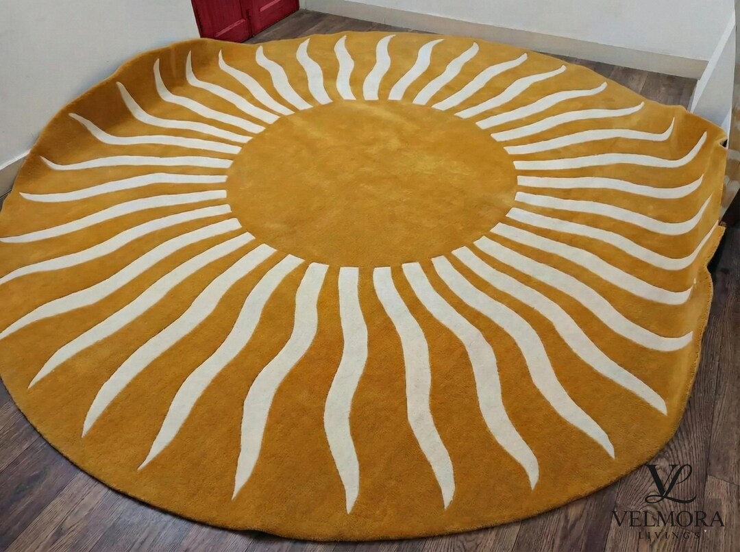Round Sunburst Rug – Hand Tufted New Zealand Wool Area Rug, Mustard ...