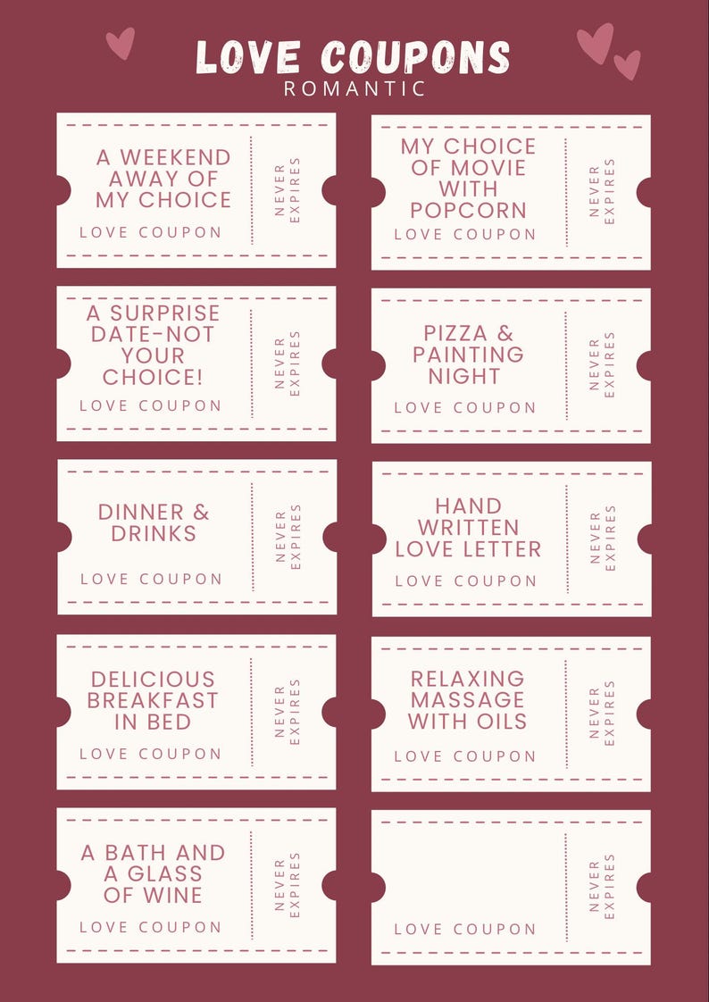 Valentines Day Printable Digital Download Love Coupons Romantic Gift Last Minute Gift Date Night ...