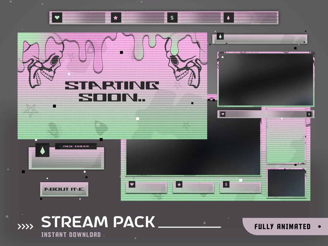 Glitch Skull Animated Stream Overlay Package, Pastel Cyberpunk Twitch ...