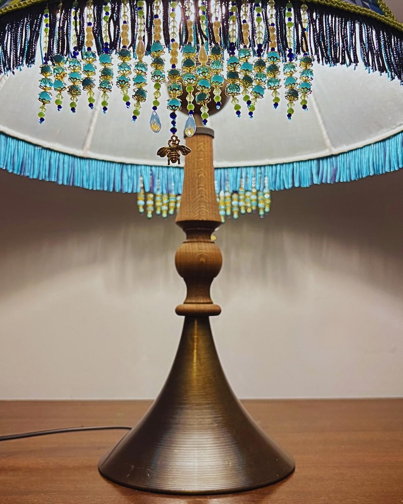 Handmade Retro Blue Table Lamp, Wood-metal Base, Crystal & Pearl ...