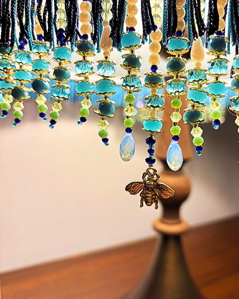 Handmade Retro Blue Table Lamp, Wood-metal Base, Crystal & Pearl ...