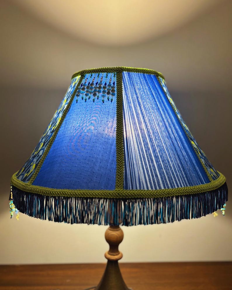 Handmade Retro Blue Table Lamp, Wood-metal Base, Crystal & Pearl ...