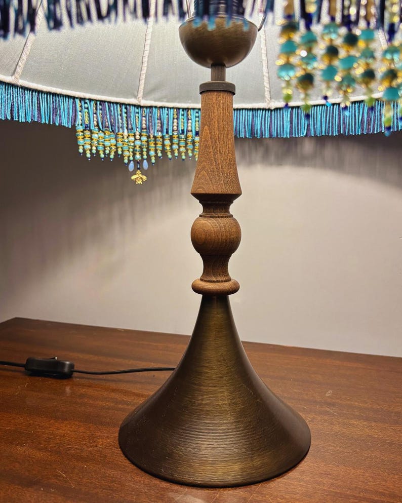 Handmade Retro Blue Table Lamp, Wood-metal Base, Crystal & Pearl ...