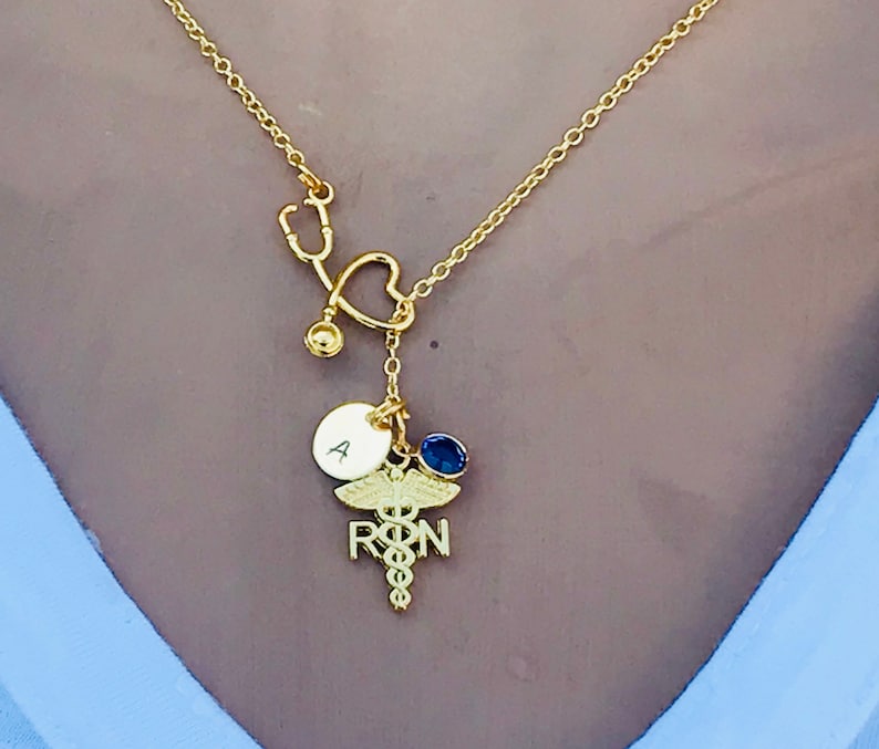 Gold RN Medical Caduceus Personalized Necklace - Gold Heart Stethoscope ...