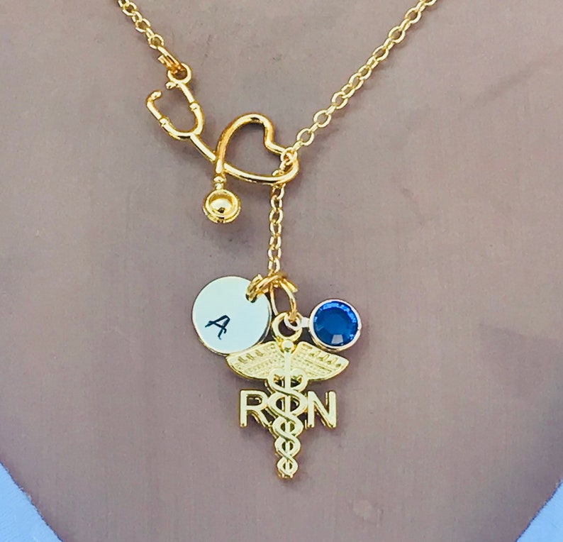 Gold RN Medical Caduceus Personalized Necklace - Gold Heart Stethoscope ...