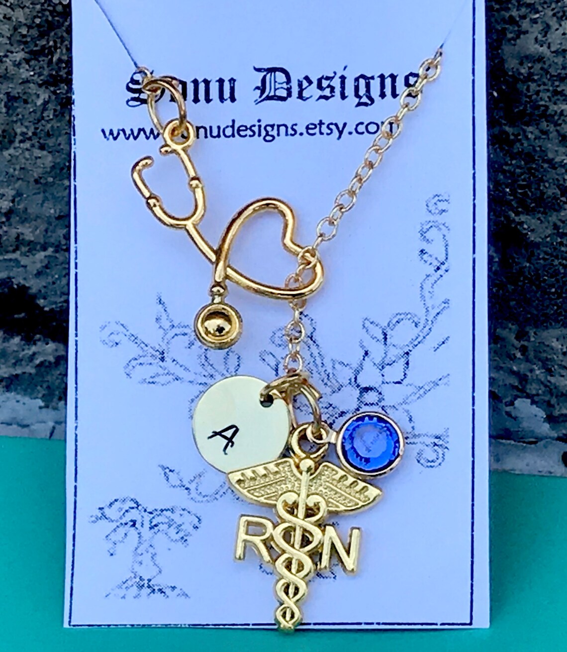 Gold RN Medical Caduceus Personalized Necklace - Gold Heart Stethoscope ...