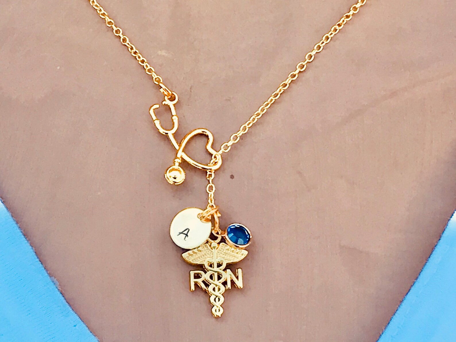 Gold RN Medical Caduceus Personalized Necklace - Gold Heart Stethoscope ...