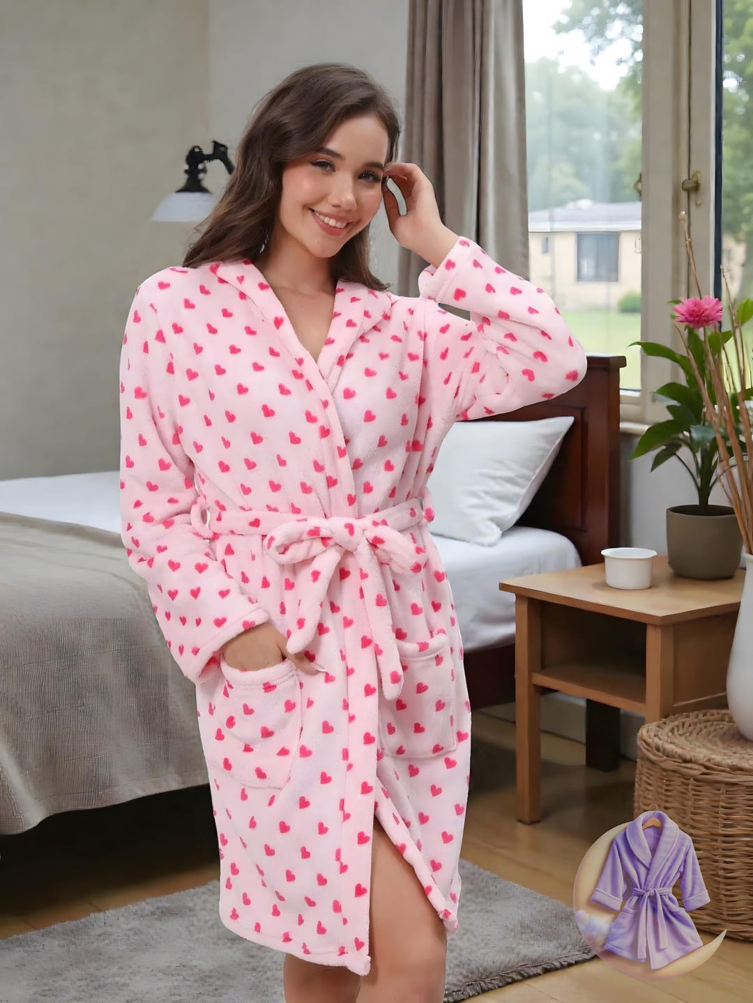 Women’s Pink Heart Bathrobe – Soft Plush Fleece Dressing Gown With Hood ...
