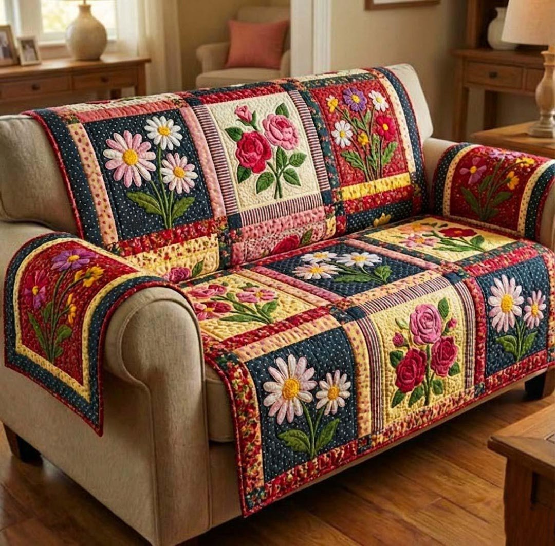 Colorful Floral Patchwork Quilted Sofa Cover, Cottage Farmhouse Couch ...