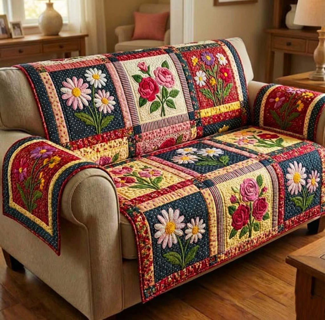Colorful Floral Patchwork Quilted Sofa Cover, Cottage Farmhouse Couch ...