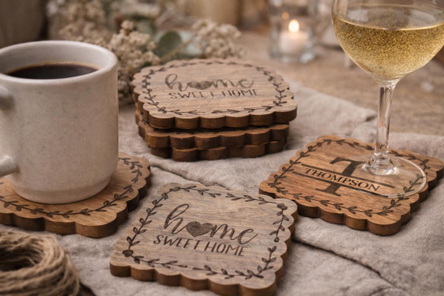 Personalized Scalloped Wooden Coasters - Custom Engraved Housewarming ...