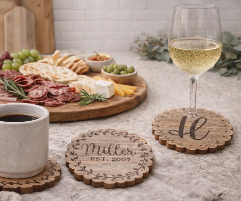 Personalized Scalloped Wooden Coasters - Custom Engraved Housewarming ...
