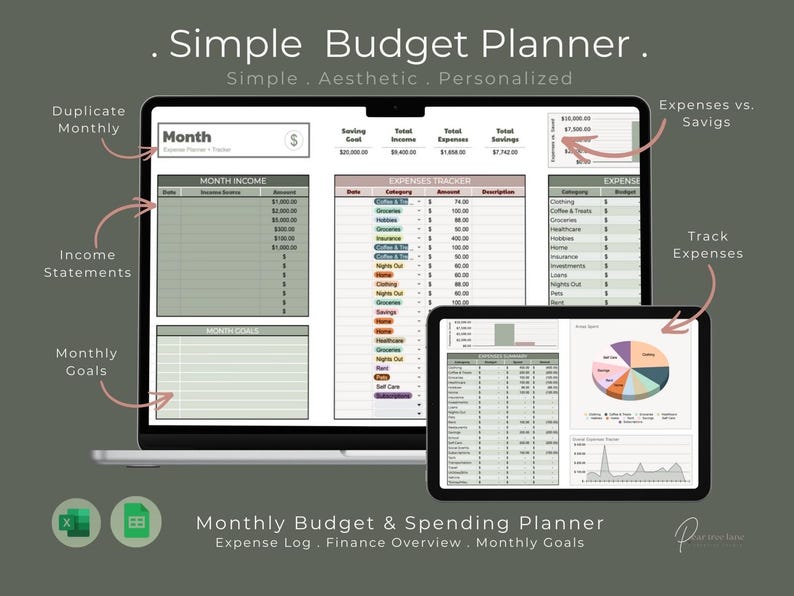 Simple Digital Monthly Budget Planner: Google Sheets & Excel Template ...