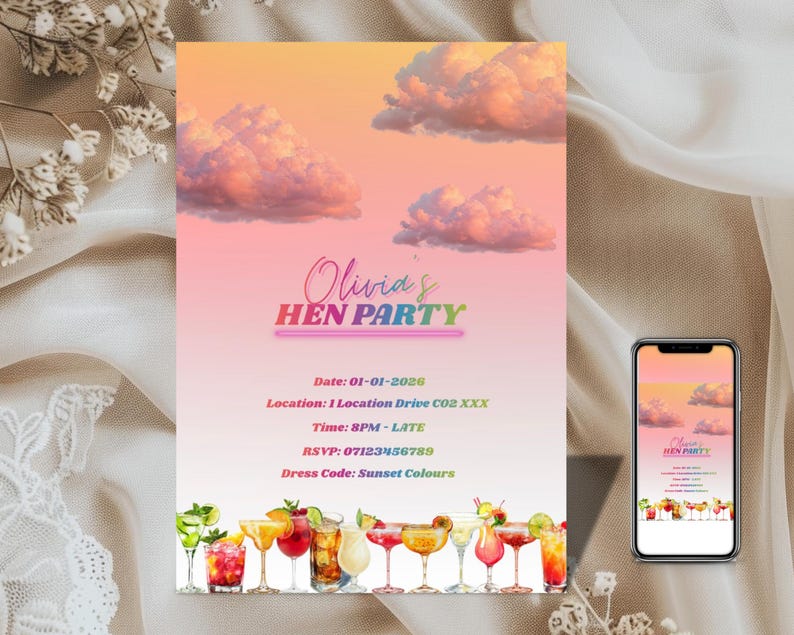 Sunset & Cocktails Hen Party Invitation Digital Template - Etsy