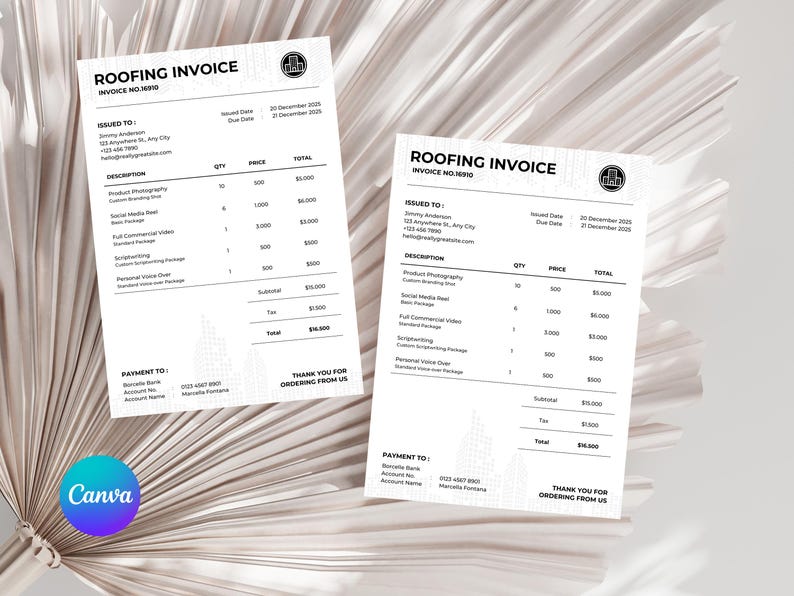 Roofing Invoice Template, Contractor Business Invoice Form With Invoice ...