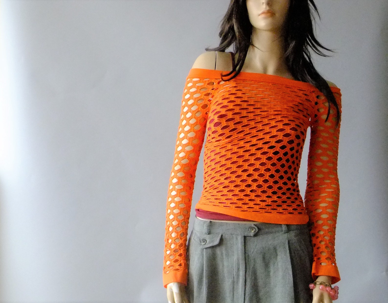 Orange Top Fishnet off the Shoulder Top Xxs Skin Tight Top - Etsy