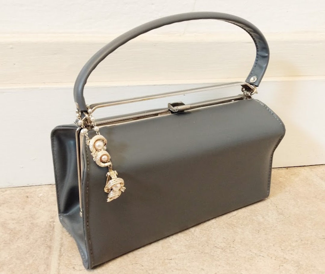 Vintage 1956s 1960s Gray Faux Leather Angled Mini Mod Box Purse Handbag ...
