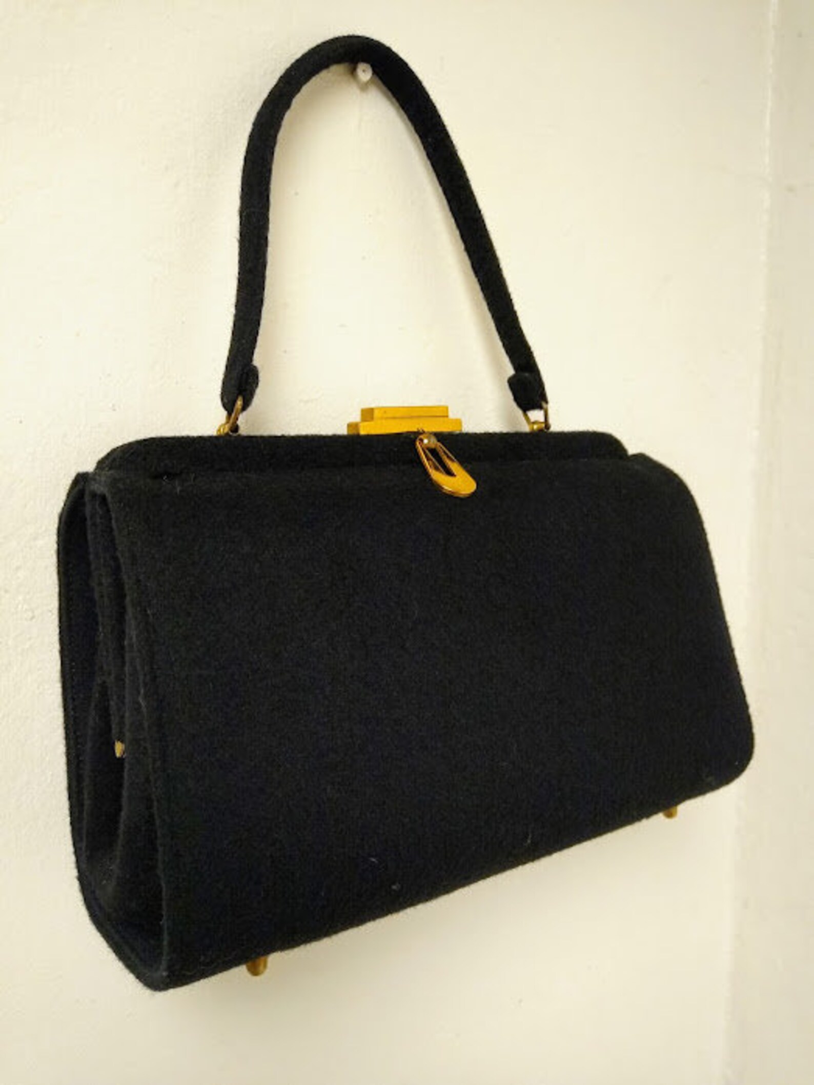 Vintage 1950s 50s Black Wool Felt Handbag Purse Kelly Bag Mod - Etsy