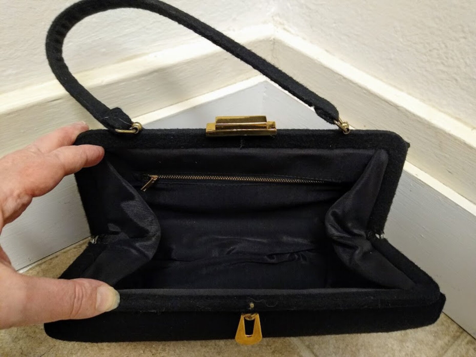 Vintage 1950s 50s Black Wool Felt Handbag Purse Kelly Bag Mod - Etsy