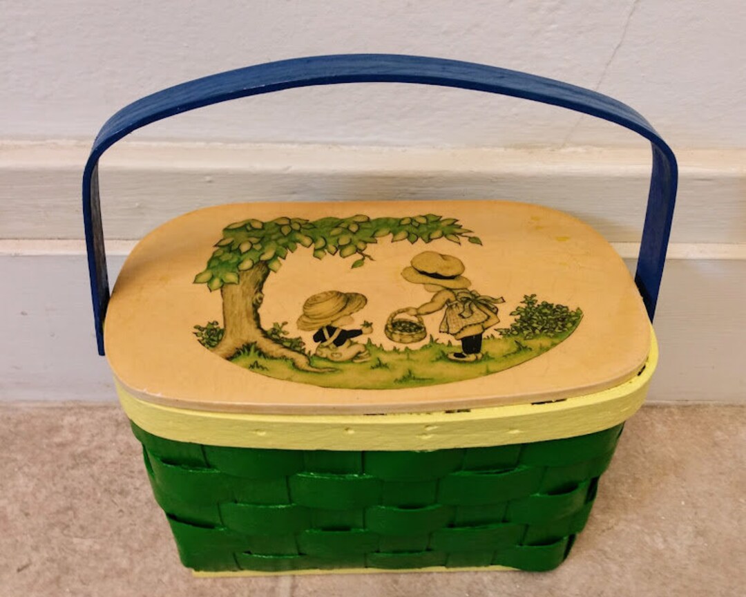 Vintage 1970s 70s Yellow Blue Green Wood Basket Handbag Pocketbook ...
