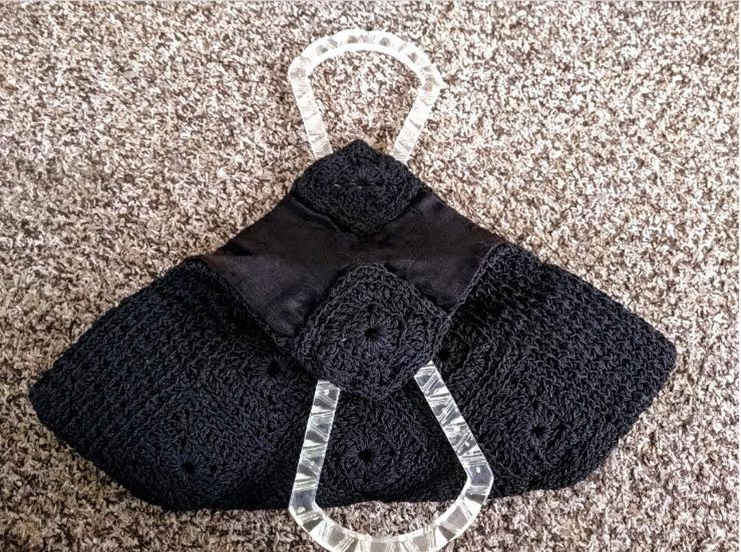 Vintage 1940s 40s Black Crochet Triangle Shaped Handbag Purse Lucite ...