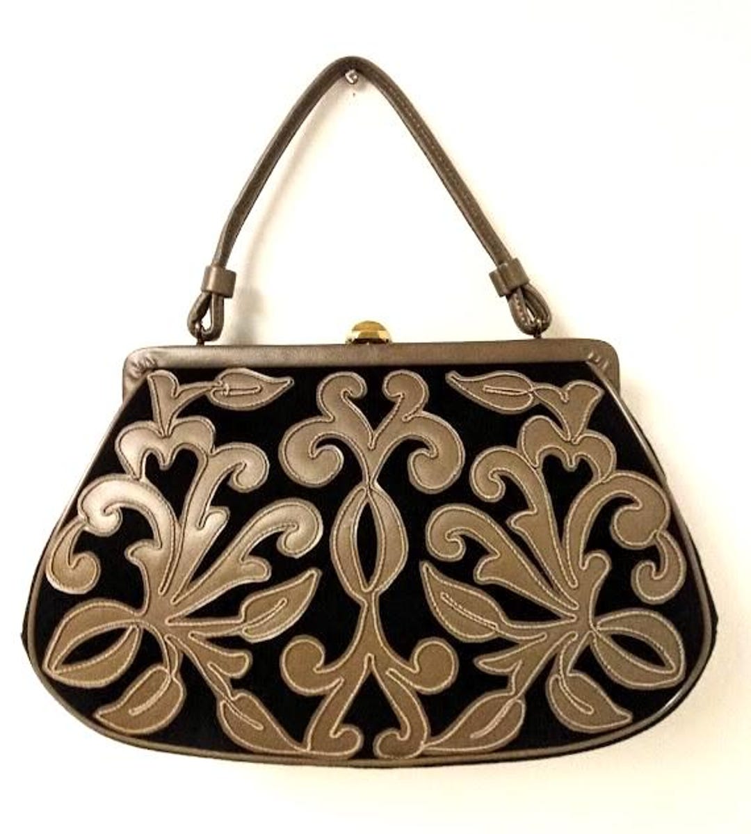 Vintage 1950s 1960s Black Velvet Embossed Top Handle Handbag Purse ...