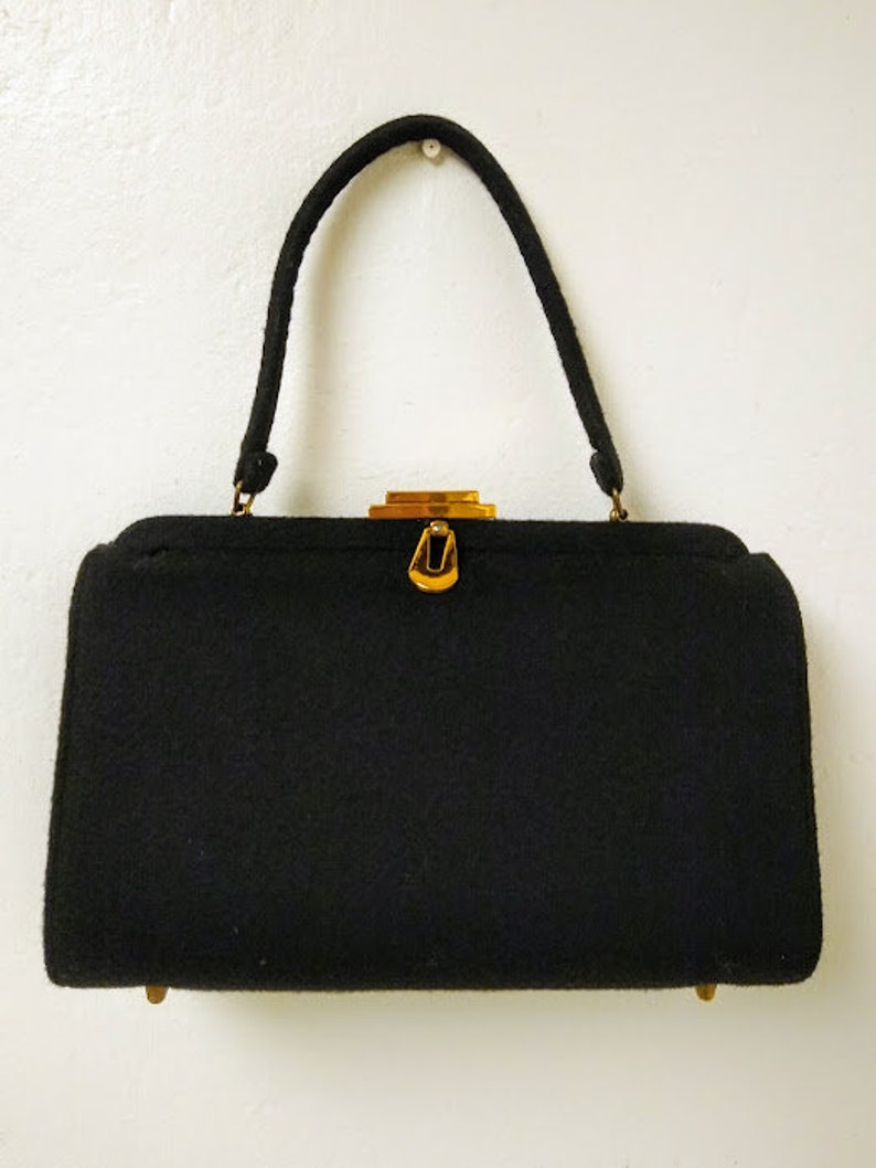Vintage 1950s 50s Black Wool Felt Handbag Purse Kelly Bag Mod - Etsy